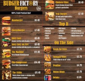 Burger Factory Menu Canada Prices List 2023