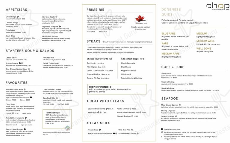 Chop Steakhouse & Bar Menu Canada Updated Prices 2023
