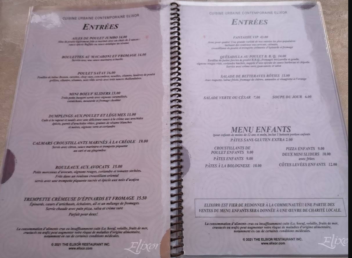 Elixor Menu Canada & Updated Prices 2023