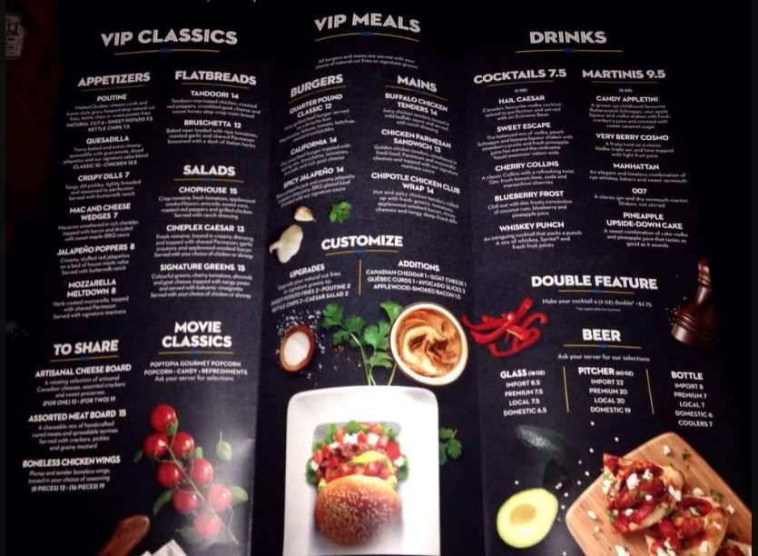 Cineplex VIP Menu Canada Prices List 2023