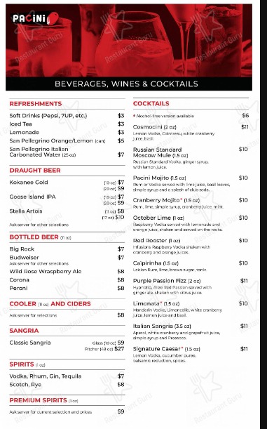 Pacini Menu Canada Prices List 2023