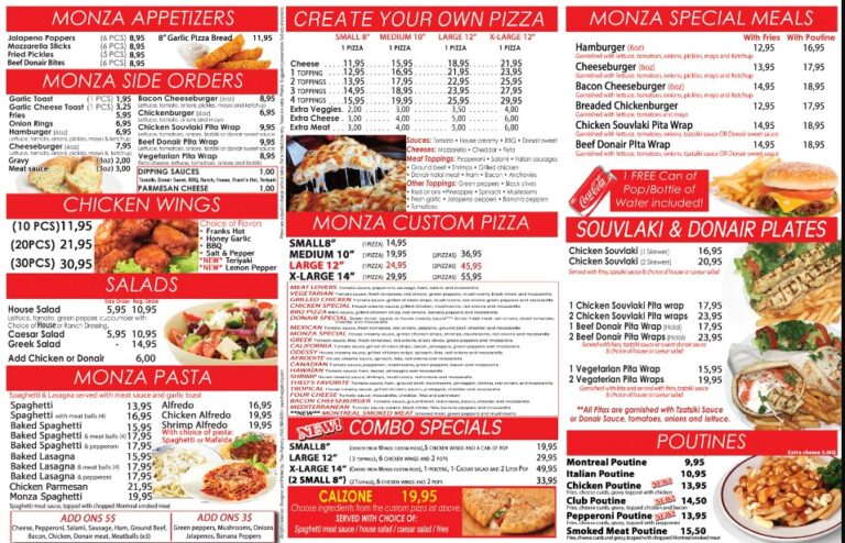 Monza Menu Canada Prices List 2023