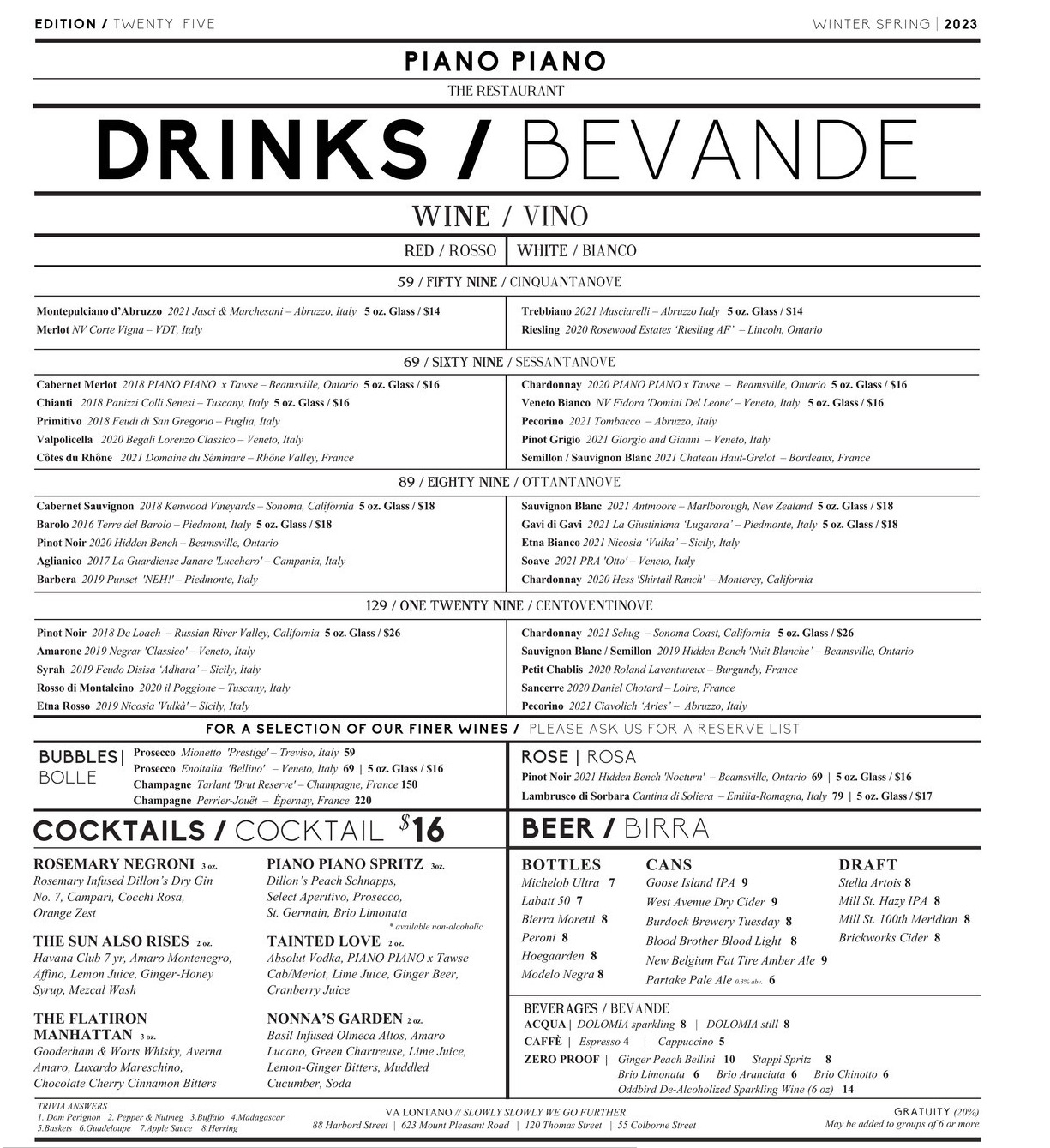 Piano Piano Menu Canada & Latest Prices 2023