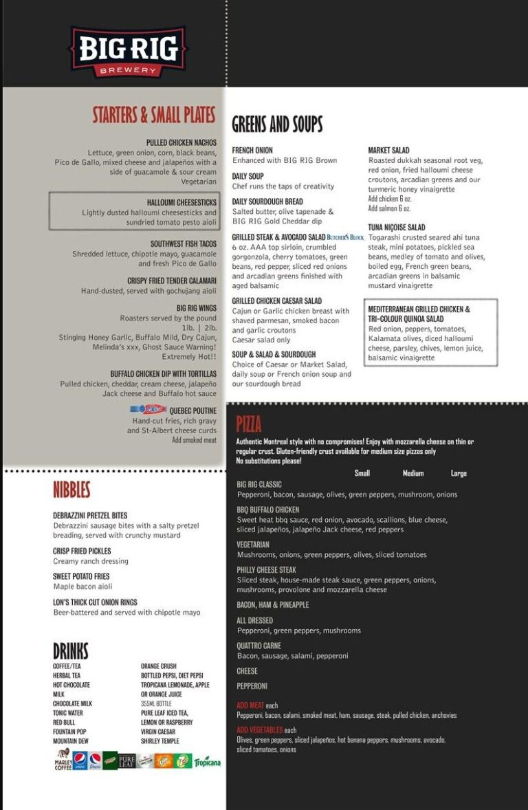 Big Rig Kitchen & Brewery Menu Canada & Latest Prices 2023
