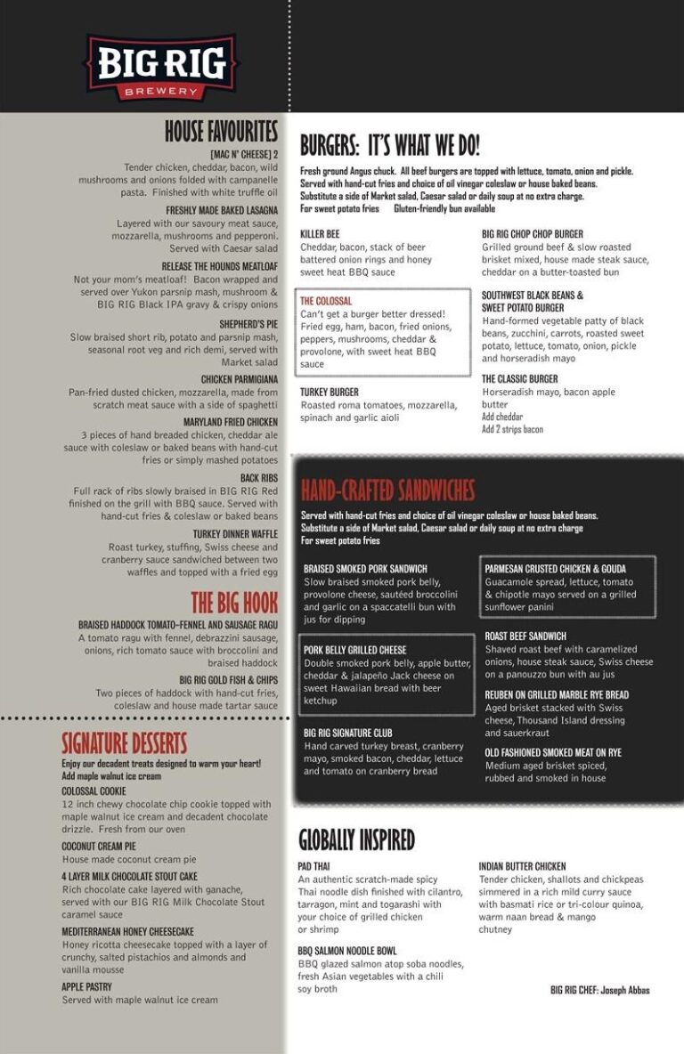 Big Rig Kitchen & Brewery Menu Canada & Latest Prices 2023