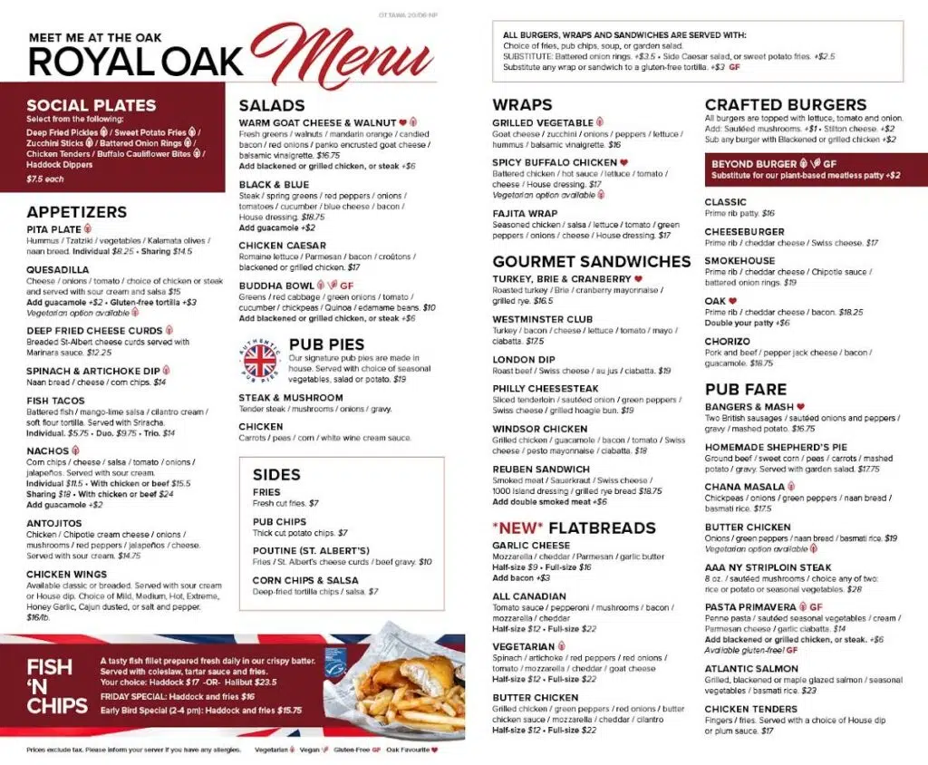 Royal Oak Menu Canada & Updated Prices 2023